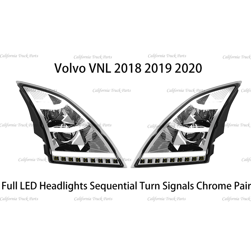 Volvo VNL Full LED Headlights Sequential Turn Signals Chrome/Black Pai ...